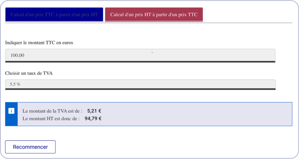 Calcul TVA : prix TTC ⇄ HT (20%, 10%, 5,5%...)