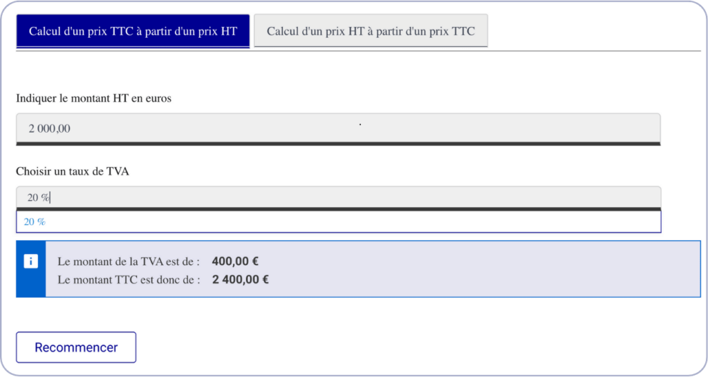 Calcul TVA : prix TTC ⇄ HT (20%, 10%, 5,5%...)